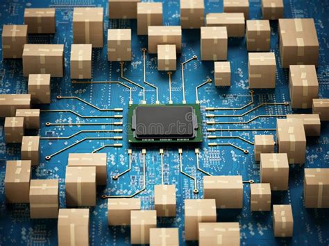 Cargo Boxes Standing Around Mainboard With A Cpu In The Center Cargo Shipment And Distribution