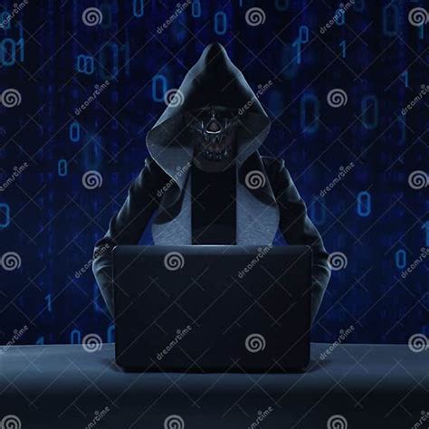 Masked Hacker Using Smartphone Hacking The Internet Stock Image