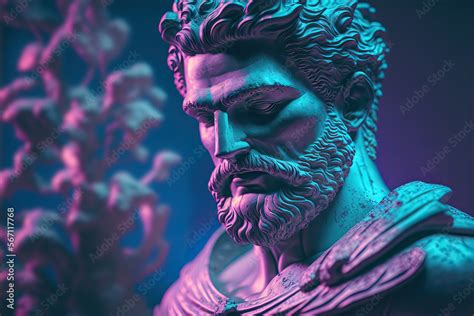 Ancient Statue Head Creative Concept Colorful Neon Image With Ancient