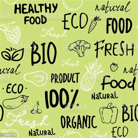 완벽 한 에코 패턴입니다 에코 문구 세트 생태 생활 유기농 식품 채식주의자 신선한 제품 100 유기농 벡터 일러스트입니다 손으로 그린 장식 포장지 스케치 야채 과일 0명에