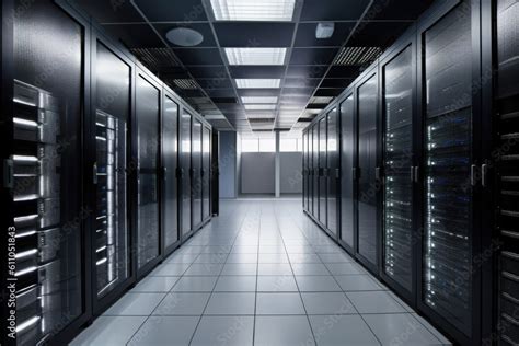Data Center With View Into Server Room Showing Racks Of Servers And Humming Cooling Systems