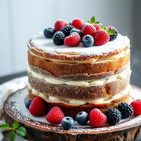 A Rustic Naked Cake With Fresh Berries And A Dusting Of Powdered Sugar