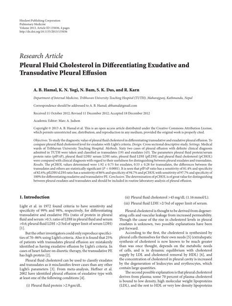 Pdf Pleural Fluid Cholesterol In Differentiating Exudative And