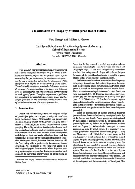 Pdf Classification Of Grasps By Multifingered Robot Hands