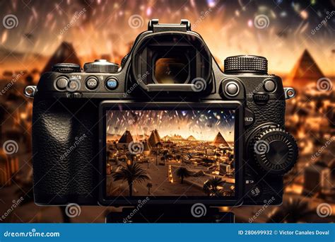 Digital Camera The View Of Amazing Egypt Pyramids At Night With Background On The Display Stock