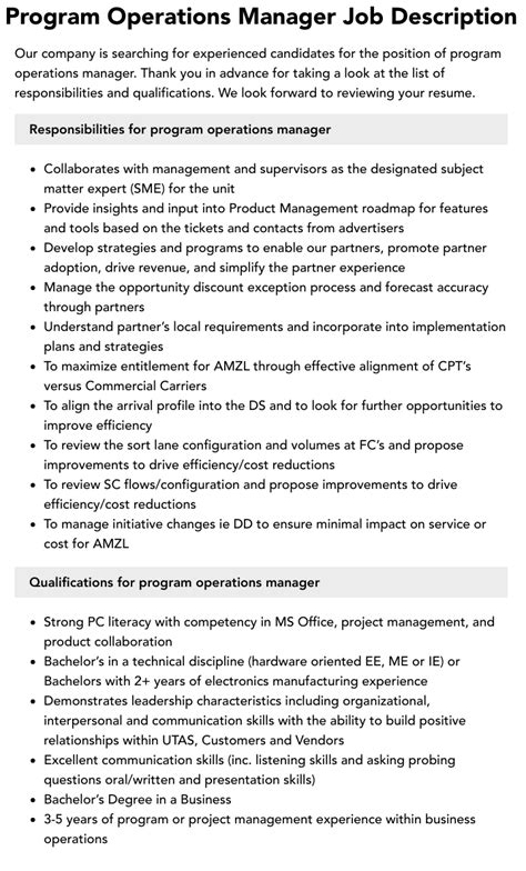 Program Operations Manager Job Description Velvet Jobs