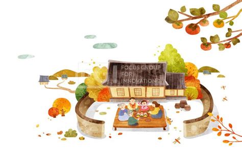 Pai113 프리진 일러스트 사람 어린이 성인 배경 오브젝트 가족 한국 추석 일러스트 가을 전통 기와집 감나무 지방 패밀리 명절 에프지아이
