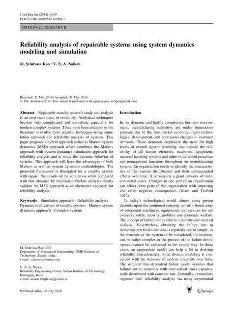 Pdf Reliability Analysis Of Repairable Systems Using System Dynamics Modeling And Simulation