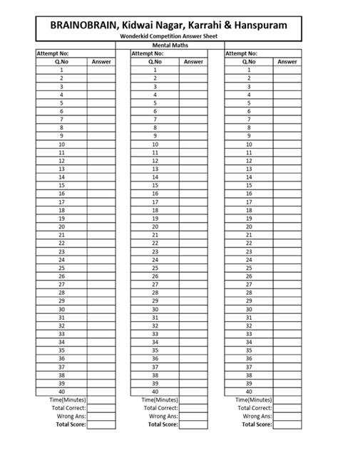 Wk Answersheet Mental Maths Pdf