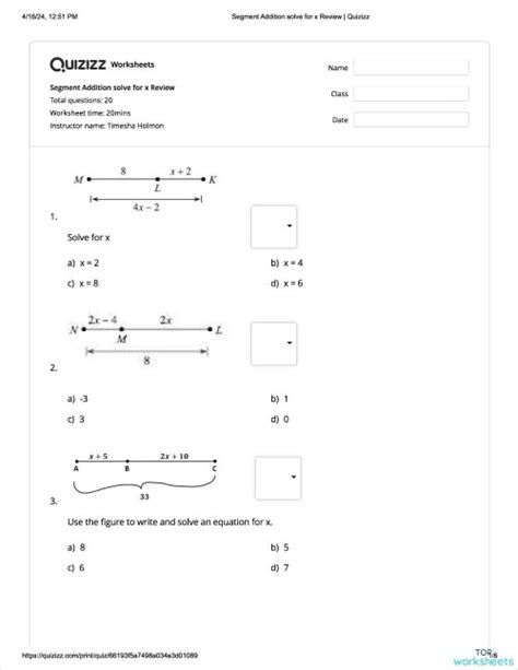 Equations With Segment Addition Solve For X Review Check Interactive Worksheet Topworksheets