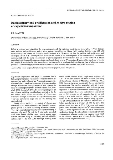 Pdf Rapid Axillary Bud Proliferation And Ex Vitro Rooting Of Eupatorium Triplinerve
