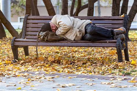 10 16 2018 모스크바 러시아 노숙자 사람이을에 공원에서 벤치에 자 고 벤치에 대한 스톡 사진 및 기타 이미지 벤치 홈리스 가을 Istock