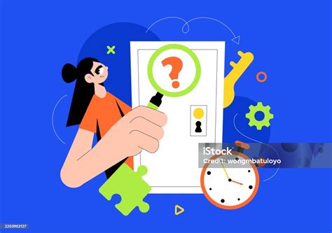 탈출 방 벡터 일러스트 레이 션은 퍼즐을 풀고 열쇠를 찾고 함정을 탈출하고 도전적인 질문에 대한 해결책을 찾는 사람들을 특징으로합니다 과학에 대한 스톡 벡터 아트 및 기타