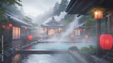 Traditional Japanese Onsen Hot Spring Bath With Red Lanterns And Steam