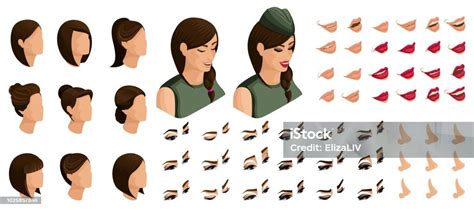 일찍 만들 당신의 감정과 헤어스타일 여자 낫과 군사 유니폼 3d 헤어스타일 얼굴 눈 입술 코 얼굴 표정 세트 2월에 대한 스톡 벡터 아트 및 기타 이미지 Istock