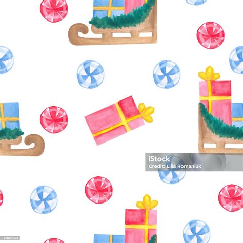 전나무 가지와 파란색과 빨간색의 선물 상자로 장식 된 나무 썰매와 다채로운 사탕 지팡이 완벽 한 패턴 식기 및 섬유 카드 디자인을위한 수채화 일러스트레이션베이스 12월에