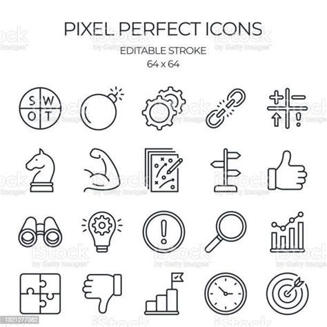 강도 약점 기회 및 흰색 배경 평면 벡터 그림에서 격리된 편집 가능한 스트로크 윤곽선 아이콘과 관련된 위협과 함께 Swot 분석 픽셀 완벽 64 X 64 아이콘에 대한 스톡