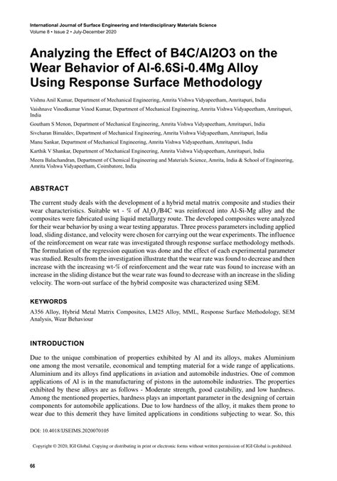 Pdf Analyzing The Effect Of B4c Al2o3 On The Wear Behavior Of Al 6 6si 0 4mg Alloy Using
