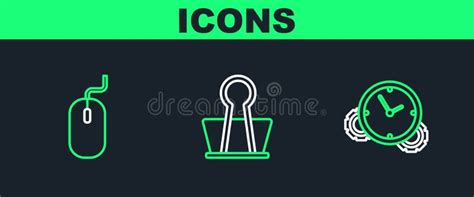 set line time management computer mouse and binder clip icon vector