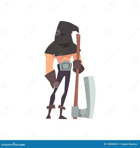 Male Executioner With Black Headwear And Axe Medieval Historical Cartoon Character In