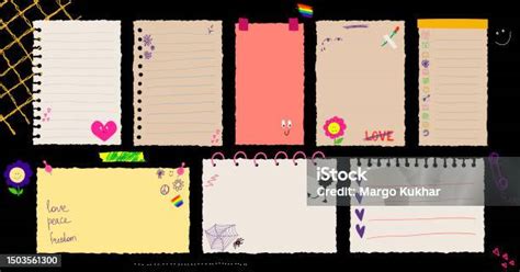 찢어진 종이 노트 컬렉션 플래너 스크랩북 일기 일정을 위한 손으로 그린 스티커 레트로 스타일의 귀여운 요소 스케치 드로잉 요소
