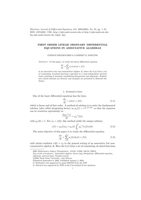 Pdf First Order Linear Ordinary Differential Equations In Associative Algebras
