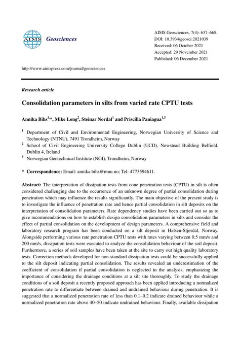 Pdf Consolidation Parameters In Silts From Varied Rate Cptu Tests