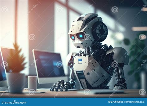 High Tech Chatbot Robot In Futuristic Office Solving Problems And