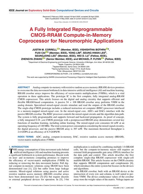 pdf a fully integrated reprogrammable cmos rram compute in memory coprocessor for neuromorphic
