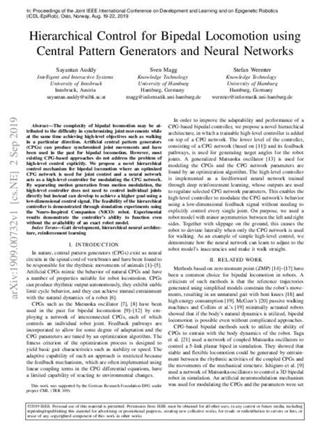 Pdf Hierarchical Control For Bipedal Locomotion Using Central Pattern Generators And Neural