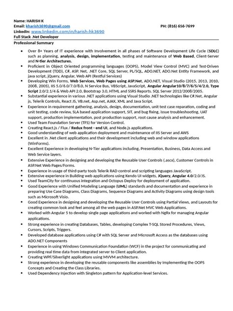 Harish Full Stack Net Developer Pdf Databases Entity Framework