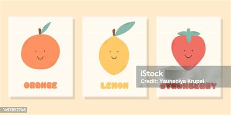아이들의 귀여운 과일 포스터 세트입니다 벡터 그림입니다 보육원을위한 복고풍 포스터 0명에 대한 스톡 벡터 아트 및 기타 이미지