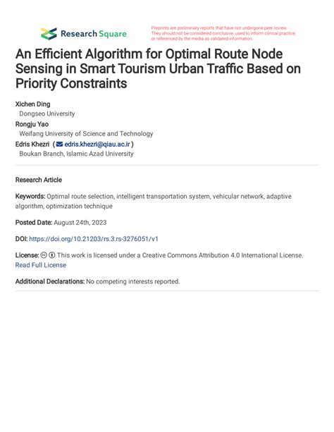 PDF An Efficient Algorithm For Optimal Route Node Sensing In Smart Tourism Urban Traffic Based