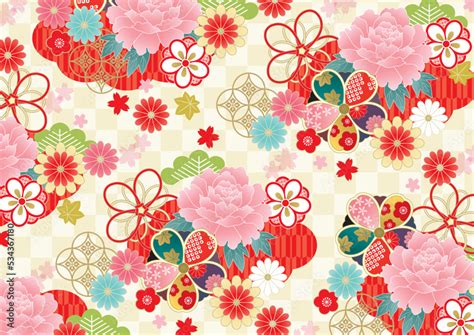 Poster ピンクや赤の花のかわいい華やかな和柄 Muurposter Europosters