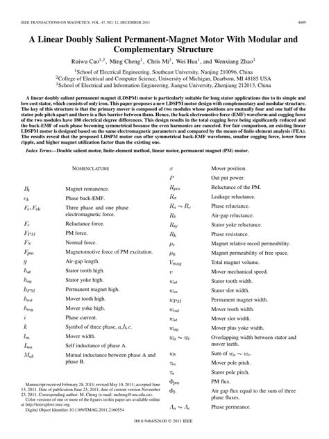 Pdf A Linear Doubly Salient Permanent Magnet Motor With Modular And Complementary Structure
