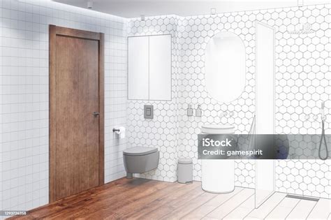 스케치는 파티션 샤워 가열 된 수건 레일 세면대 위의 타원형 거울 벽걸이 화장실 위의 캐비닛 나무 문 및 타일 바닥이있는 실제 욕실 인테리어가됩니다 3차원 형태에 대한 스톡