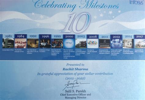 Delighted To Complete 10 Wonderful Years With Infosys Rachit