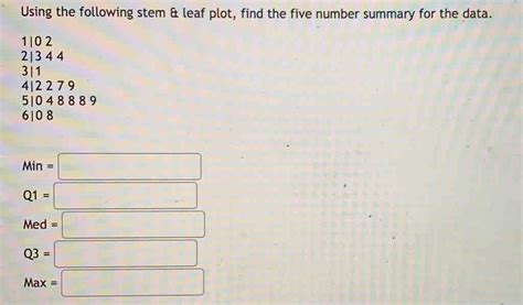 Solved Using The Following Stem And Leaf Plot Find The Five Number