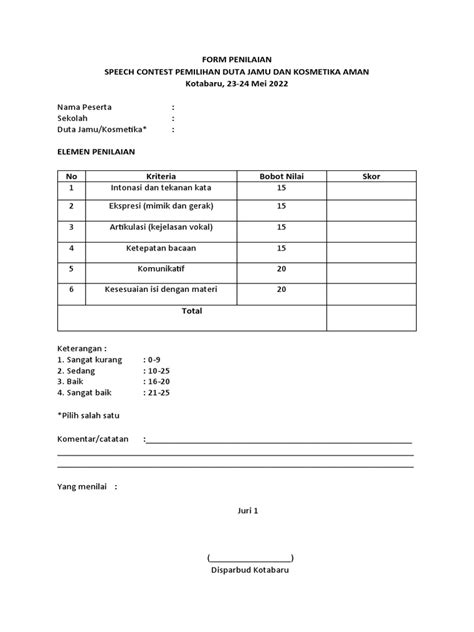 Form Penilaian Speech Contest Pdf