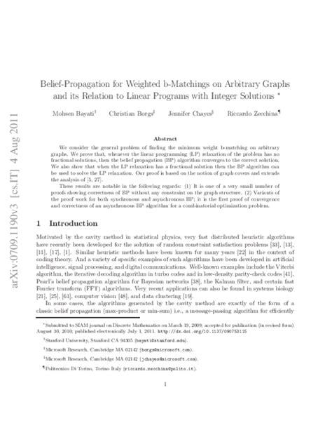 Pdf Belief Propagation For Weighted B Matchings On Arbitrary Graphs And Its Relation To Linear