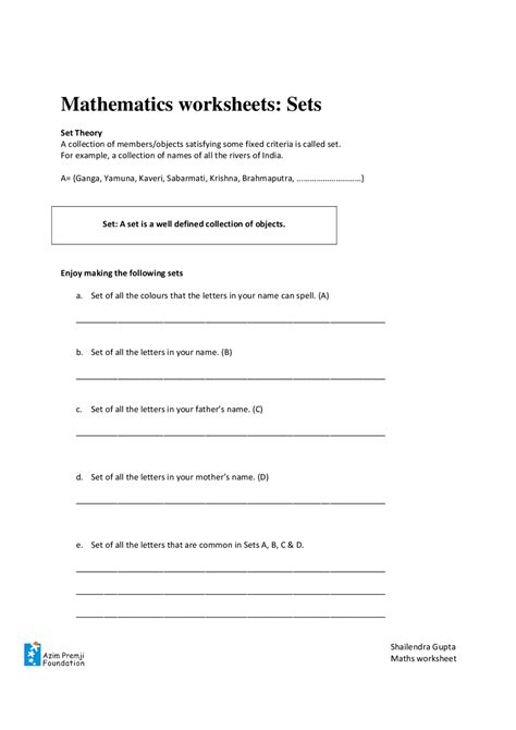 Math Worksheet Sets And Set Theory By Shailendra Gupta