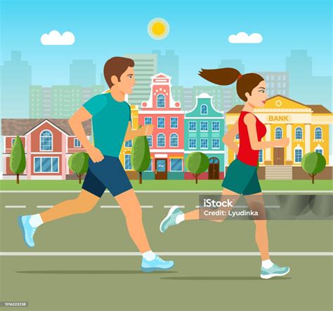 젊은 여자와 길거리에서 조깅 하는 사람입니다 평면 스타일 벡터 일러스트 레이 션 2명에 대한 스톡 벡터 아트 및 기타 이미지 2명 거리 건강한 생활방식 Istock