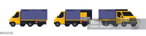 온라인 소포 배달 서비스를 위한 트럭 세트입니다 주문 배송을 위한 운송 트럭 앞면및 후면 보기 문을 열고 소포를 내부에 운반할 수 있습니다 벡터 일러스트레이션 가방에 대한