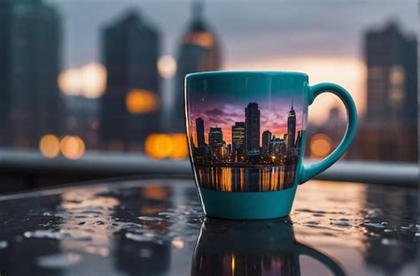Premium Photo Coffee Cup With A Cityscape Reflectio