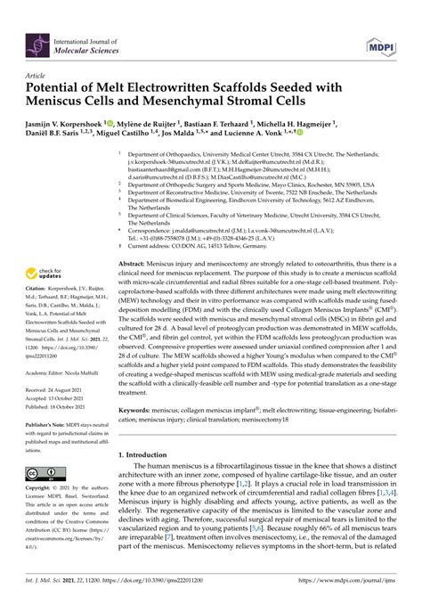 Pdf Potential Of Melt Electrowritten Scaffolds Seeded With Meniscus Cells And Mesenchymal