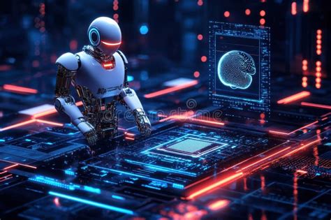 Exploring Futuristic Ai Technology With A Robot Microchip And Digital Brain On Holographic