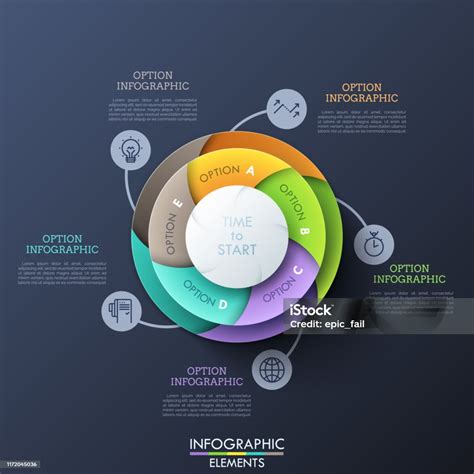 원형 차트는 얇은 선 기호와 텍스트 상자와 연결된 5 글자 나선형 조각으로 나누어 5단계로 순환 프로세스의 시각화 5에 대한 스톡 벡터 아트 및 기타 이미지 Istock