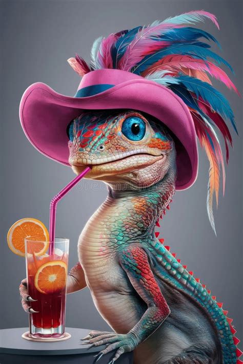 Colorful Lizard In Pink Hat Drinking Cocktail With Straw And Lemon