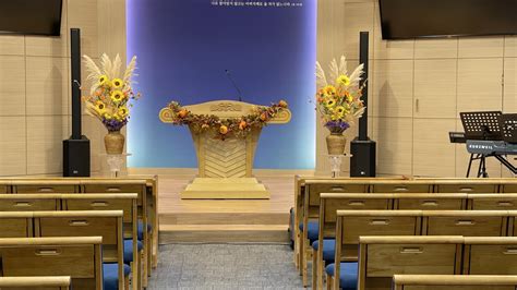 본당 의자를 새롭게 셋팅하고 예수 십자가 벽걸이와 추수감사주일 장식했어요 11 5일 교회소식