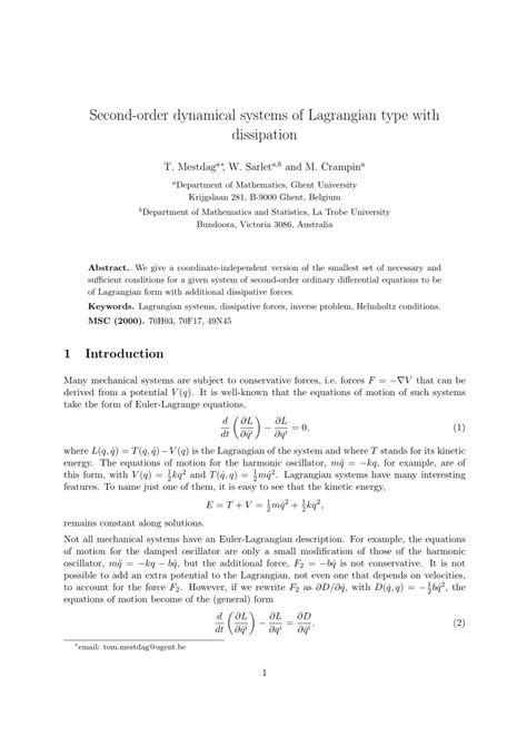 Pdf Second Order Dynamical Systems Of Lagrangian Type With Dissipation